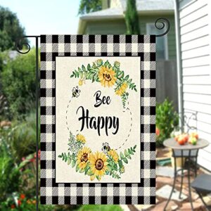 JAWO Welcome Sunflower Bee Happy Garden Flag, Spring Summer Flower Buffalo Plaid Check Decor Farmhouse Outside Decoration Outdoor Small Burlap Flags, Vertical Double Sided Seasonal Yard Flag 12"X18"