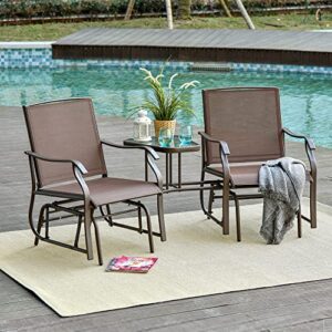 Outsunny Outdoor Glider Chairs with Coffee Table, Patio 2-Seat Rocking Chair Swing Loveseat with Breathable Sling for Backyard, Garden, and Porch, Brown