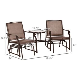 Outsunny Outdoor Glider Chairs with Coffee Table, Patio 2-Seat Rocking Chair Swing Loveseat with Breathable Sling for Backyard, Garden, and Porch, Brown