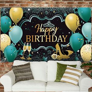 Glitter Teal Turquoise Happy Birthday Decoration for Women Green Gold Birthday Backdrop Champagne Glass Balloons Photo Booth Background High Heels Photography Background 72.8 x 43.3 Inch