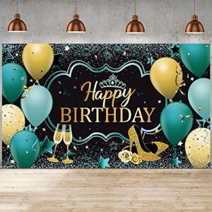 glitter teal turquoise happy birthday decoration for women green gold birthday backdrop champagne glass balloons photo booth background high heels photography background 72.8 x 43.3 inch