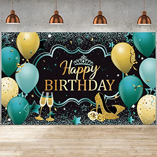 Glitter Teal Turquoise Happy Birthday Decoration for Women Green Gold Birthday Backdrop Champagne Glass Balloons Photo Booth Background High Heels Photography Background 72.8 x 43.3 Inch