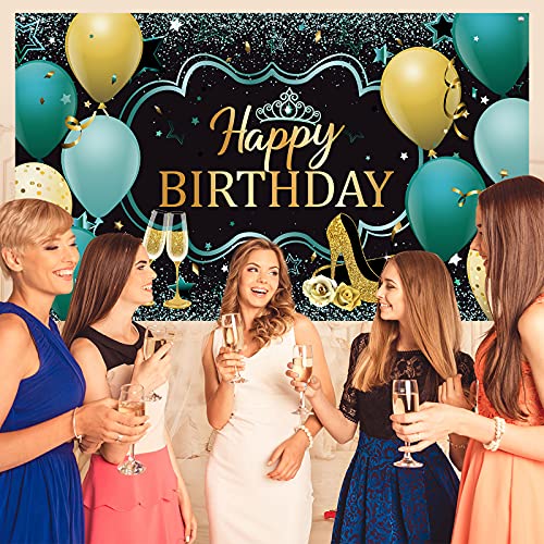 Glitter Teal Turquoise Happy Birthday Decoration for Women Green Gold Birthday Backdrop Champagne Glass Balloons Photo Booth Background High Heels Photography Background 72.8 x 43.3 Inch