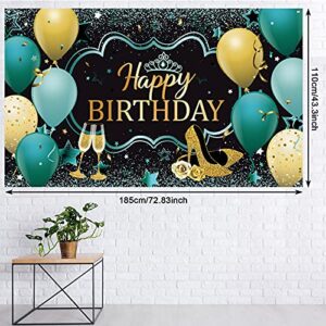 Glitter Teal Turquoise Happy Birthday Decoration for Women Green Gold Birthday Backdrop Champagne Glass Balloons Photo Booth Background High Heels Photography Background 72.8 x 43.3 Inch