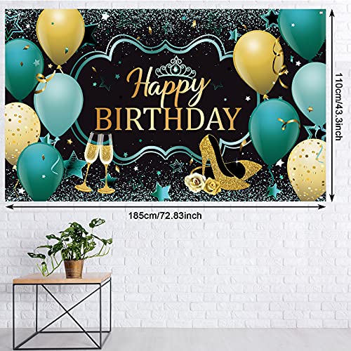 Glitter Teal Turquoise Happy Birthday Decoration for Women Green Gold Birthday Backdrop Champagne Glass Balloons Photo Booth Background High Heels Photography Background 72.8 x 43.3 Inch