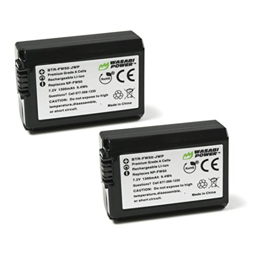 Wasabi Power NP-FW50 Camera Battery (2-Pack) for Sony ZV-E10, Alpha a5100, a6000, a6300, a6400, a6500, Alpha a7, a7 II, a7R, a7R II, a7S, a7S II, Cyber-Shot DSC-RX10 II, RX10 III, RX10 IV and More