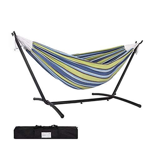 Prime Garden Cotton Rope Hammock with Space Saving Steel Hammock Stand, 2 Person Double Freestanding Hammock with Carry Bag for Outdoor Patio Yard Backyard 450 lb Capacity Oasis Stripe