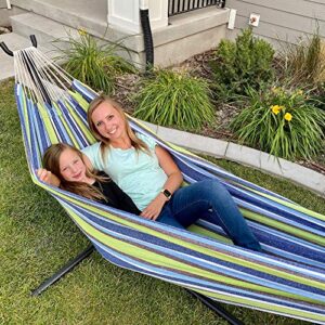 Prime Garden Cotton Rope Hammock with Space Saving Steel Hammock Stand, 2 Person Double Freestanding Hammock with Carry Bag for Outdoor Patio Yard Backyard 450 lb Capacity Oasis Stripe