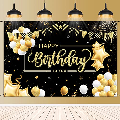 Happy Birthday Backdrop Banner Gatherfun Birthday Party Supplies Decorations Large Black and Gold Photography Background for Boys Girls Men Women Birthday Party