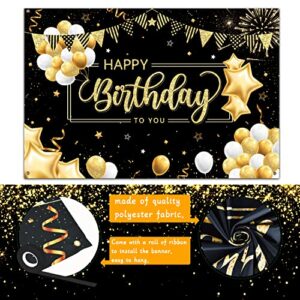 Happy Birthday Backdrop Banner Gatherfun Birthday Party Supplies Decorations Large Black and Gold Photography Background for Boys Girls Men Women Birthday Party