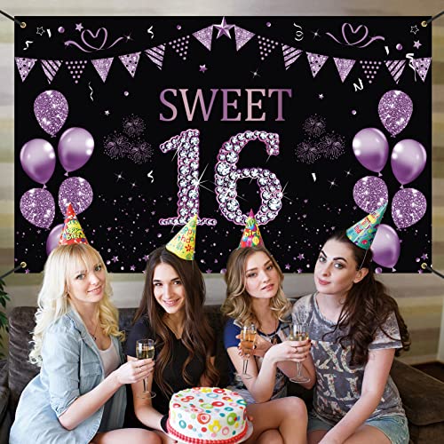 Trgowaul Sweet 16 Birthday Decorations Banner Girls, Purple Sweet 16th Backdrop Birthday Party Sign Supplies, Sweet Sixteen Year Old Poster Background Photo Booth Props Decor, Sweet 16 Decorations