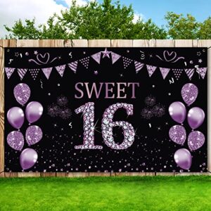 Trgowaul Sweet 16 Birthday Decorations Banner Girls, Purple Sweet 16th Backdrop Birthday Party Sign Supplies, Sweet Sixteen Year Old Poster Background Photo Booth Props Decor, Sweet 16 Decorations