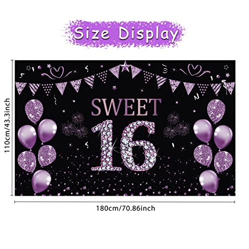 Trgowaul Sweet 16 Birthday Decorations Banner Girls, Purple Sweet 16th Backdrop Birthday Party Sign Supplies, Sweet Sixteen Year Old Poster Background Photo Booth Props Decor, Sweet 16 Decorations