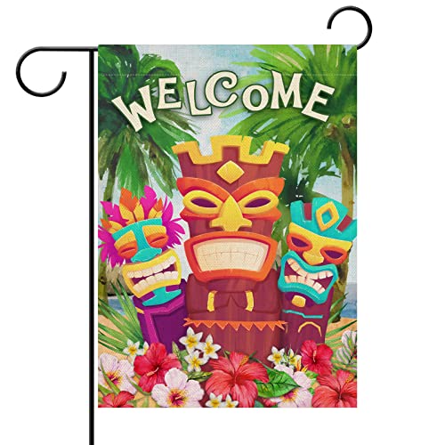 Hzppyz Welcome Summer Tiki Aloha Hibiscus Frangipani Flower Garden Flag, Tropical Hawaii Luau Coconut Tree Floral Decorative House Yard Outdoor Small Decor, Spring Home Outside Decoration 12x18