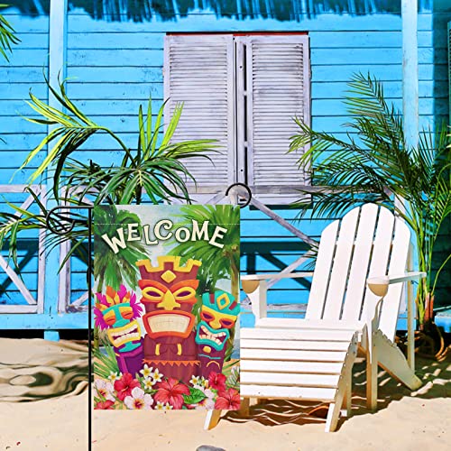 Hzppyz Welcome Summer Tiki Aloha Hibiscus Frangipani Flower Garden Flag, Tropical Hawaii Luau Coconut Tree Floral Decorative House Yard Outdoor Small Decor, Spring Home Outside Decoration 12x18