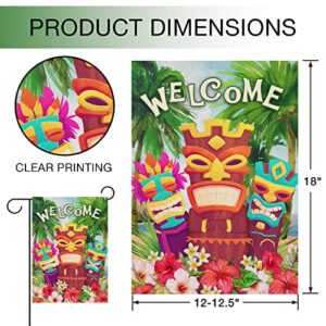 Hzppyz Welcome Summer Tiki Aloha Hibiscus Frangipani Flower Garden Flag, Tropical Hawaii Luau Coconut Tree Floral Decorative House Yard Outdoor Small Decor, Spring Home Outside Decoration 12x18