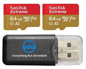 sandisk extreme 64gb (2 pack) microsd memory card for dji mavic mini 2, mavic mini, mavic air 2 drone – c10 a2 v30 sdxc (sdsqxah-064g-gn6mn) bundle with (1) everything but stromboli micro card reader