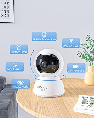 XIAOVV Home Security Cameras,2k 360 Degree 2.4ghz WiFi Security Camera,Privacy Mode,Night Vision Indoor Pet Camera with Alarm Push Phone app,SD&Cloud Storage