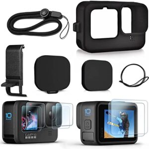 fitstill silicone sleeve case for go pro hero 11 /hero 10 /hero 9 black, battery side cover & screen protectors & lens caps & lanyard for go pro hero 11 /10 / 9 accessories kit