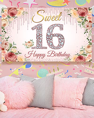 HTDZZI Sweet 16 Birthday Decorations, Rose Gold Happy 16th Birthday Backdrop Banner for Girls, Pink Floral Sweet Sixteen Party Decor, Sweet 16 Yard Sign Photo Booth Props, Fabric, 6.1ft x 3.6ft