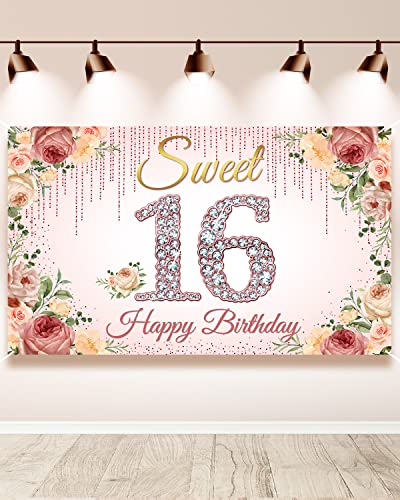 HTDZZI Sweet 16 Birthday Decorations, Rose Gold Happy 16th Birthday Backdrop Banner for Girls, Pink Floral Sweet Sixteen Party Decor, Sweet 16 Yard Sign Photo Booth Props, Fabric, 6.1ft x 3.6ft