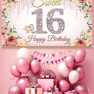 HTDZZI Sweet 16 Birthday Decorations, Rose Gold Happy 16th Birthday Backdrop Banner for Girls, Pink Floral Sweet Sixteen Party Decor, Sweet 16 Yard Sign Photo Booth Props, Fabric, 6.1ft x 3.6ft