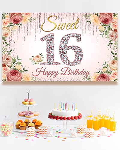 HTDZZI Sweet 16 Birthday Decorations, Rose Gold Happy 16th Birthday Backdrop Banner for Girls, Pink Floral Sweet Sixteen Party Decor, Sweet 16 Yard Sign Photo Booth Props, Fabric, 6.1ft x 3.6ft