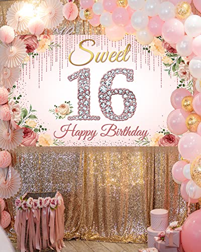 HTDZZI Sweet 16 Birthday Decorations, Rose Gold Happy 16th Birthday Backdrop Banner for Girls, Pink Floral Sweet Sixteen Party Decor, Sweet 16 Yard Sign Photo Booth Props, Fabric, 6.1ft x 3.6ft