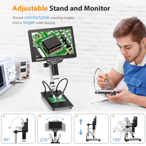 TOMLOV DM201 Pro HDMI Digital Microscope 1200X,10 Inch Stand Included, 7" LCD Digital Microscope,16MP Coin Micro Soldering Microscope with Screen, Windows/Mac OS/TV Compatible,32GB