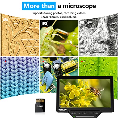 TOMLOV DM201 Pro HDMI Digital Microscope 1200X,10 Inch Stand Included, 7" LCD Digital Microscope,16MP Coin Micro Soldering Microscope with Screen, Windows/Mac OS/TV Compatible,32GB