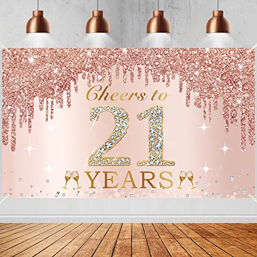 Large Cheers to 21 Years Birthday Decorations for Women, Pink Rose Gold Happy 21st Birthday Banner Backdrop Party Supplies, 21 Year Old Birthday Poster Background Sign Decor