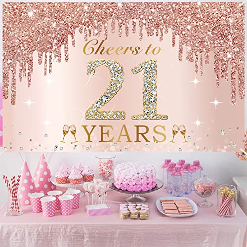 Large Cheers to 21 Years Birthday Decorations for Women, Pink Rose Gold Happy 21st Birthday Banner Backdrop Party Supplies, 21 Year Old Birthday Poster Background Sign Decor