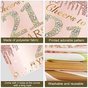 Large Cheers to 21 Years Birthday Decorations for Women, Pink Rose Gold Happy 21st Birthday Banner Backdrop Party Supplies, 21 Year Old Birthday Poster Background Sign Decor