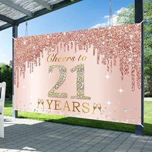 Large Cheers to 21 Years Birthday Decorations for Women, Pink Rose Gold Happy 21st Birthday Banner Backdrop Party Supplies, 21 Year Old Birthday Poster Background Sign Decor