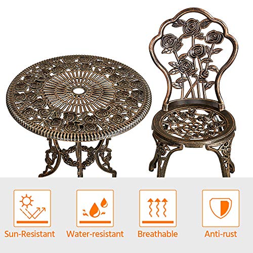 Yaheetech 3-Piece Outdoor Bistro Set w/Rose Design, Rust-Resistant Cast Aluminum Table and Chairs w/Umbrella Hole for Balcony Backyard Garden