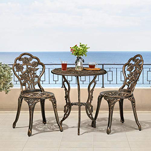 Yaheetech 3-Piece Outdoor Bistro Set w/Rose Design, Rust-Resistant Cast Aluminum Table and Chairs w/Umbrella Hole for Balcony Backyard Garden