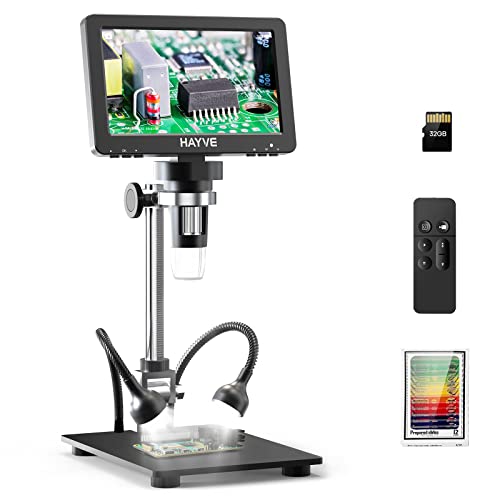 Hayve 7'' HDMI Digital Microscope,1200X Coin Microscope with IPS Screen, 16MP Soldering Microscope with Lights, 8.5'' Long Stand, View Entire Coin, Compatible with PC/TV, 32GB Card