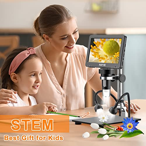 Hayve 7'' HDMI Digital Microscope,1200X Coin Microscope with IPS Screen, 16MP Soldering Microscope with Lights, 8.5'' Long Stand, View Entire Coin, Compatible with PC/TV, 32GB Card