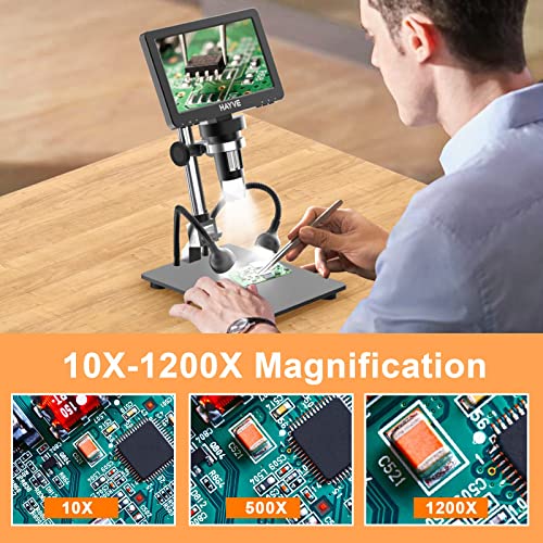 Hayve 7'' HDMI Digital Microscope,1200X Coin Microscope with IPS Screen, 16MP Soldering Microscope with Lights, 8.5'' Long Stand, View Entire Coin, Compatible with PC/TV, 32GB Card