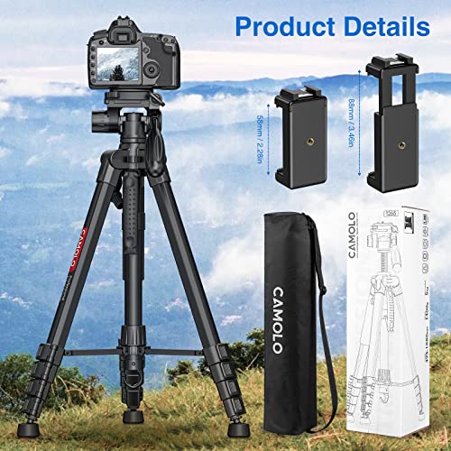 Camera Tripod 74" Tripod for Camera Cell Phone Video Photography, Heavy Duty Tripod, Professional Travel DSLR Tripods Compatible with Cameras, Phones, Projector, Ring Light, Spotting Scopes