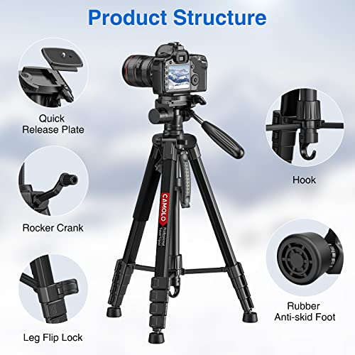 Camera Tripod 74" Tripod for Camera Cell Phone Video Photography, Heavy Duty Tripod, Professional Travel DSLR Tripods Compatible with Cameras, Phones, Projector, Ring Light, Spotting Scopes