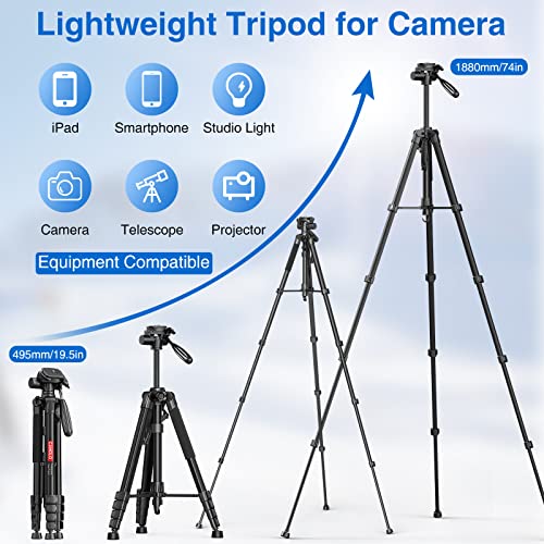 Camera Tripod 74" Tripod for Camera Cell Phone Video Photography, Heavy Duty Tripod, Professional Travel DSLR Tripods Compatible with Cameras, Phones, Projector, Ring Light, Spotting Scopes