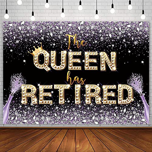 AIBIIN 7x5ft The Queen Has Retired Backdrop Happy Retirement for Woman Farewell Party Purple Black Gold Glitter Diamond Champagne Crown Background Officially Congrats Retire Decoration Banner Props