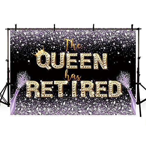 AIBIIN 7x5ft The Queen Has Retired Backdrop Happy Retirement for Woman Farewell Party Purple Black Gold Glitter Diamond Champagne Crown Background Officially Congrats Retire Decoration Banner Props