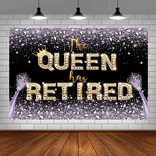 AIBIIN 7x5ft The Queen Has Retired Backdrop Happy Retirement for Woman Farewell Party Purple Black Gold Glitter Diamond Champagne Crown Background Officially Congrats Retire Decoration Banner Props