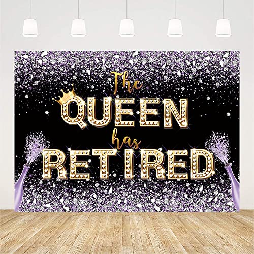 AIBIIN 7x5ft The Queen Has Retired Backdrop Happy Retirement for Woman Farewell Party Purple Black Gold Glitter Diamond Champagne Crown Background Officially Congrats Retire Decoration Banner Props