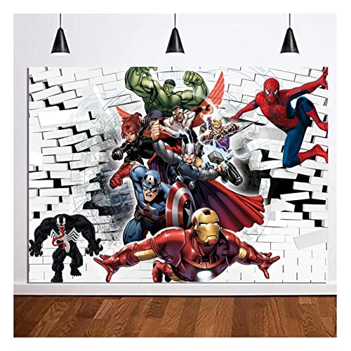 Superman Theme Photography Backdrop 5x3ft Super City Spiderman White Brick Wall Photo Background for Superhero Spiderman Kids Birthday Party Cake Tale Decor Banner Studio Booth Props