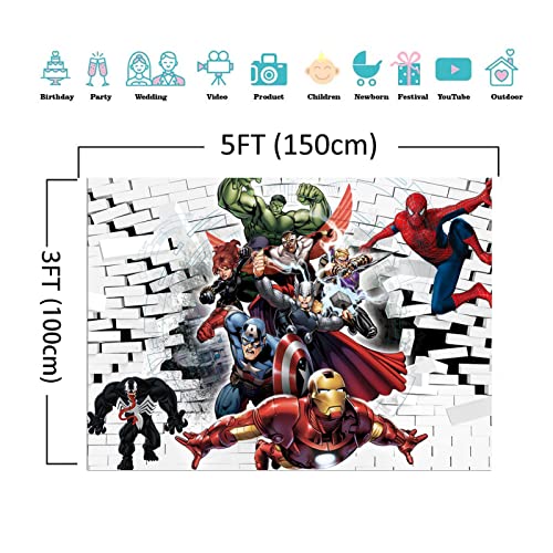 Superman Theme Photography Backdrop 5x3ft Super City Spiderman White Brick Wall Photo Background for Superhero Spiderman Kids Birthday Party Cake Tale Decor Banner Studio Booth Props