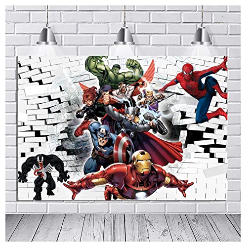 Superman Theme Photography Backdrop 5x3ft Super City Spiderman White Brick Wall Photo Background for Superhero Spiderman Kids Birthday Party Cake Tale Decor Banner Studio Booth Props