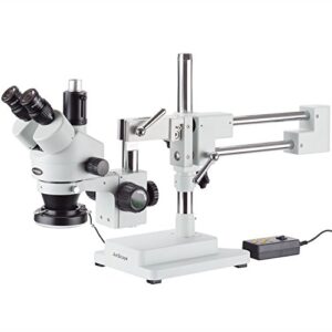 amscope sm-4tz-144a professional trinocular stereo zoom microscope, wh10x eyepieces, 3.5x-90x magnification, 0.7x-4.5x zoom objective, four-zone led ring light, double-arm boom stand, 110v-240v, includes 0.5x and 2.0x barlow lens